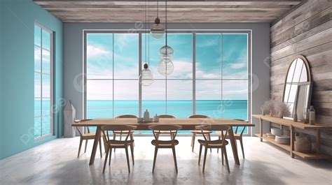 파란 벽으로 바다가 내려다보이는 식당 바다 전망을 갖춘 탁자 위에 놓인 현대적인 식당의 3d 렌더링 그림은 나무로 된 아늑한 로프트 스타일의 실내 푸른 바다와 햇빛이