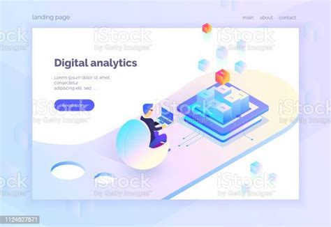 디지털 분석입니다 웹에 대 한 방문 페이지입니다 노트북으로 남자 디지털 프로세스를 모니터링 하 고 데이터를 분석 합니다 현대 벡터 일러스트 레이 션 아이소메트릭 스타일입니다