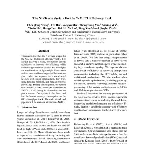 The Niutrans System For The Wmt 2021 Efficiency Task Acl Anthology