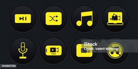 마이크 온라인 비디오 재생 재생 버튼 음표 톤 화살표 셔플 스피커 음소거 및 일시 중지 아이콘을 설정합니다 벡터 Brand