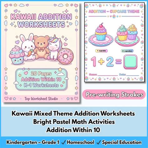Kawaii Mixed Theme Addition Worksheets Bright Pastel Math Activities