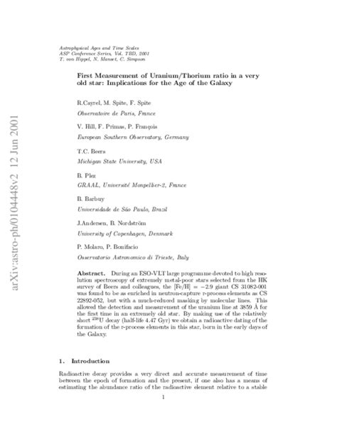 Pdf First Measurement Of Uranium Thorium Ratio In A Very Old Star Implications For The Age Of