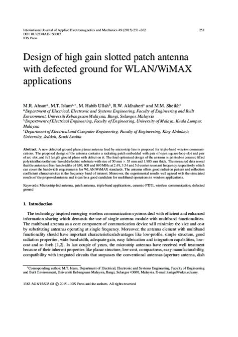 Pdf Design Of High Gain Slotted Patch Antenna With Defected Ground For Wlanwimax Applications