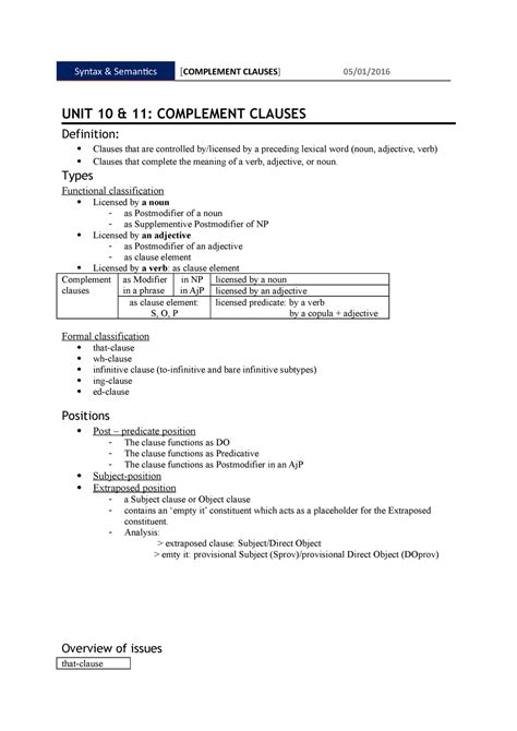 unit 10 and 11 complement clauses syntax semantics unit 10 11