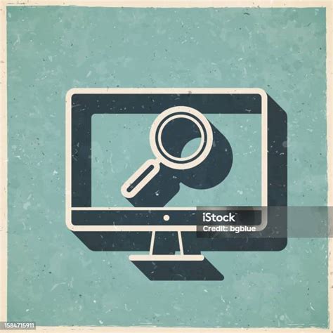 데스크톱 컴퓨터의 돋보기 복고풍 빈티지 스타일의 아이콘 오래된 질감의 종이 개념에 대한 스톡 벡터 아트 및 기타 이미지 개념