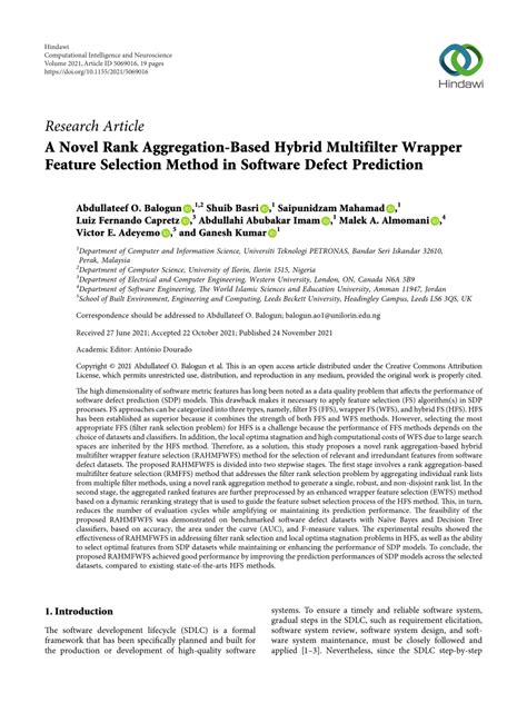Pdf A Novel Rank Aggregation Based Hybrid Multifilter Wrapper Feature Selection Method In