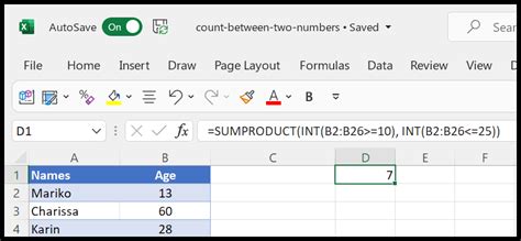 Count Between Two Numbers Countifs Excel Formula