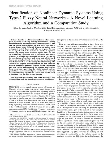 Pdf Identification Of Nonlinear Dynamic Systems Using Type 2 Fuzzy Neural Networks—a Novel