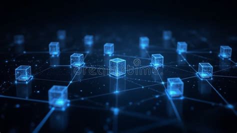 Abstract Blockchain Network With Digital Connections And Glowing Cubes On Dark Background Stock