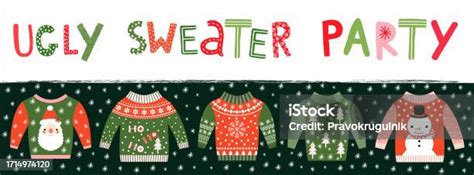 못생긴 스웨터 파티 배너 크리스마스 휴가 축하를 위한 초대장 또는 포스터 어글리 스웨터에 대한 스톡 벡터 아트 및 기타 이미지