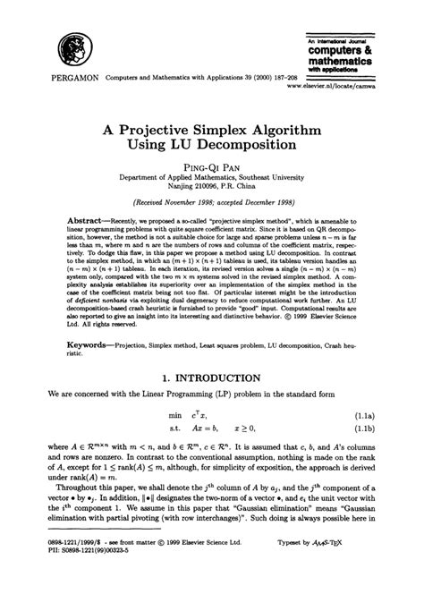 Pdf A Projective Simplex Algorithm Using Lu Decomposition