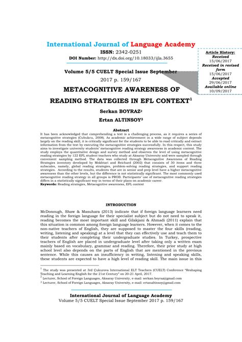 Pdf International Journal Of Language Academy Metacognitive Awareness Of Reading Strategies In