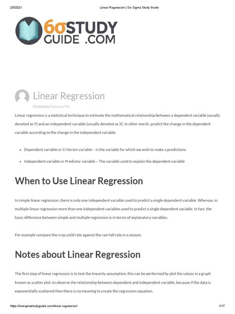 Linear Regression Six Sigma Study Guide Pdf Dependent And