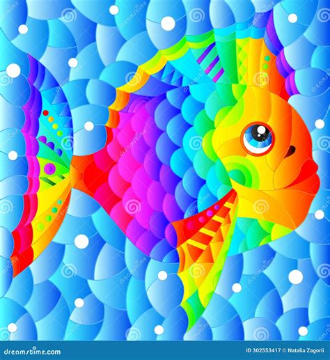 Une Illustration Dans Le Style Dun Vitrail Avec Un Scalaire De Poisson Arc En Ciel Lumineux Sur