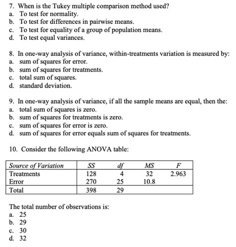Solved 7 When Is The Tukey Multiple Comparison Method Used