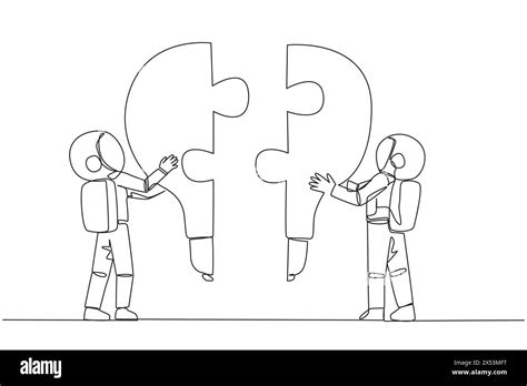 Single Continuous Line Drawing Two Astronauts Holding Up Two Lightbulb Shaped Puzzle Pieces
