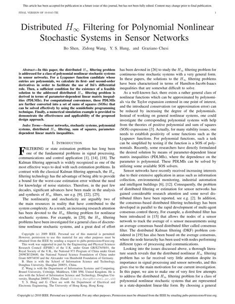 Pdf Distributed H Infinity Filtering For Polynomial Nonlinear Stochastic Systems In Sensor