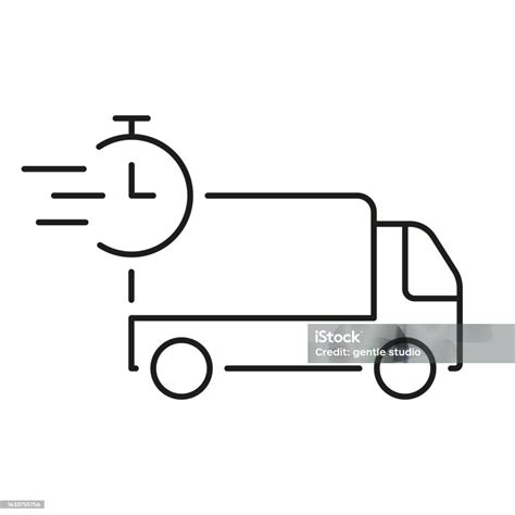 배달 타임라인 아이콘입니다 특급 배송 차량 선형 픽토그램 빠른 전달 개요 기호 타이머 표시가 있는 화물 트럭 무료 배송 편집 가능한 획 격리된 벡터 그림 교통수단에 대한