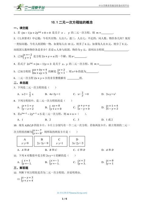 10 1二元一次方程组的概念 同步练习（含答案） 21世纪教育网
