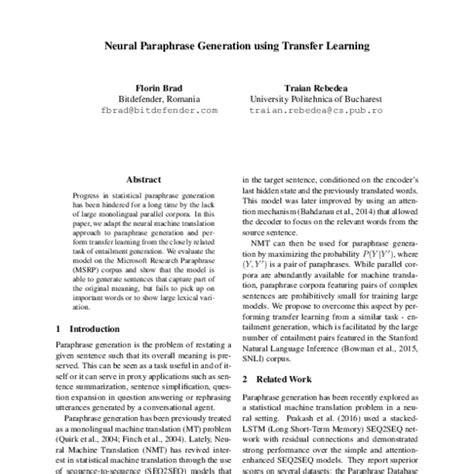 Neural Paraphrase Generation Using Transfer Learning Acl Anthology