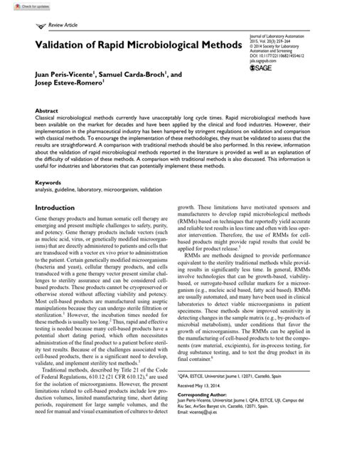 Peris Vicente Et Al 2014 Validation Of Rapid Microbiological Methods Pdf Colony Forming Unit