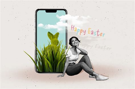 복합 콜라주 이미지 의 귀여운 소녀 보기 꿈꾸는 장치 화면 Eshoping 축하하다 부활절 초대 엽서 이상한 괴짜 괴상한 기괴한 특이한 Brand Name Smart