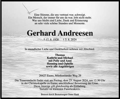 Traueranzeigen Von Gerhard Andreesen Nordwest Trauer De