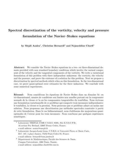 Pdf Spectral Discretization Of The Vorticity Velocity And Pressure Formulation Of The Navier