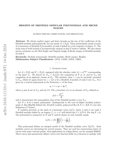 Pdf Heights Of Drinfeld Modular Polynomials And Hecke Images