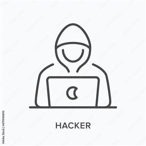 Hacker Flat Line Icon Vector Outline Illustration Of Criminal And Laptop Black Thin Linear