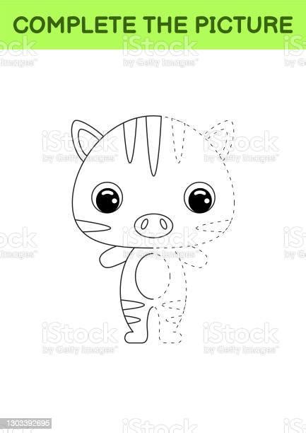 귀여운 얼룩말의 완전한 그려진 그림 색칠 공부 점 복사 게임 필기 연습 그리기 기술 훈련 인쇄 가능한 워크시트 를 개발하는 교육 활동 페이지입니다 벡터 그림입니다 교육에