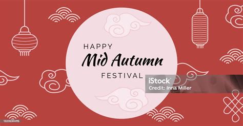 중국 중기 축제 인사말 카드 전통적인 요소와 빨간색 배경에 캡션 해피 미드 가을 축제 배너 등불 보름달과 구름 문케이크 축제 그림 0명에 대한 스톡 벡터 아트 및 기타