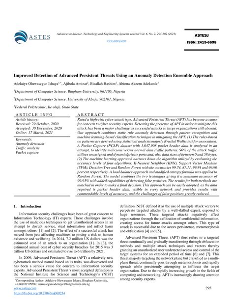 Pdf Improved Detection Of Advanced Persistent Threats Using An Anomaly Detection Ensemble Approach