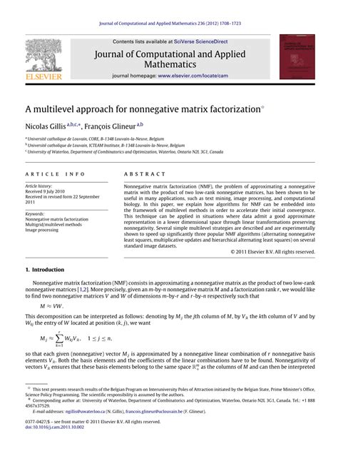 Pdf A Multilevel Approach For Nonnegative Matrix Factorization