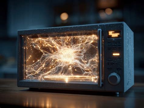 Open Microwave On Countertop Glowing Neural Network Structure