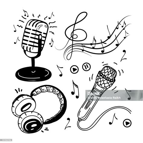 음악 요소 세트 스케치 스타일로 손으로 그린 낙서 헤드폰 마이크 오디오 메모가있는 고음 클레프 흰색 배경에 고립 된 벡터 간단한 그림 Film Festival에 대한 스톡