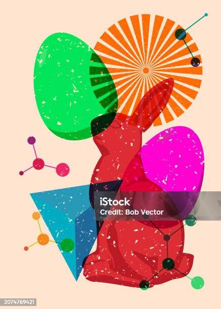 Risograph 부활절 달걀과 토끼 기하학적 모양 트렌디한 Riso 그래프 인쇄 텍스처 스타일 디자인의 개체는 기하학 요소가 있습니다 개념에 대한 스톡 벡터 아트 및 기타