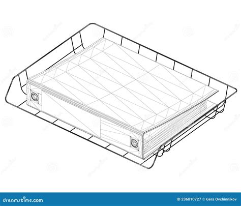 Wireframe Of Office Folder With Documents On The Shelf From Black Lines Isolated On White