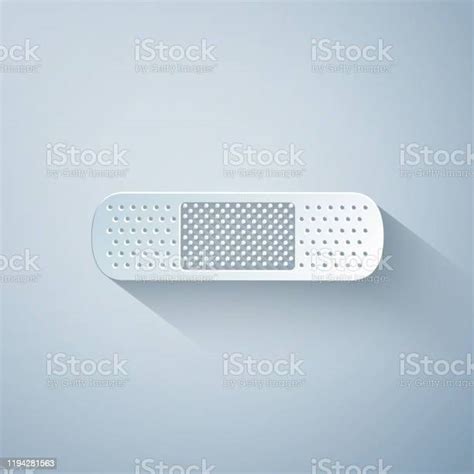 회색 배경에 고립 된 종이 컷 붕대 석고 아이콘 의료 석고 접착제 붕대 유연한 직물 붕대 종이 아트 스타일입니다 벡터