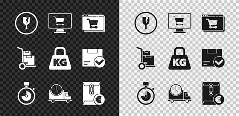 깨지기 쉬운 깨진 유리 컴퓨터의 쇼핑 카트 온라인 쇼핑 화면 스톱워치 물류 배송 트럭 및 시계 유로 기호가 있는 봉투 핸드 박스