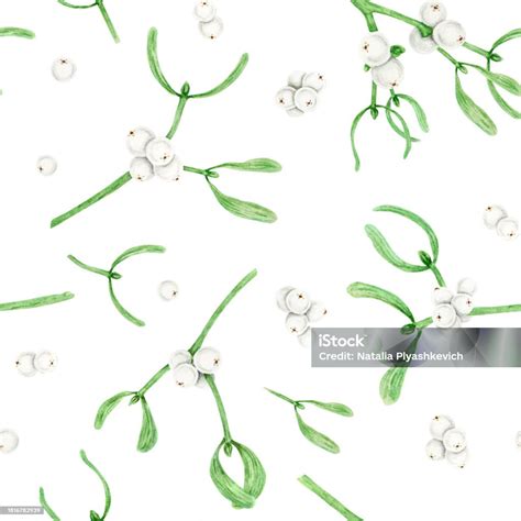 겨우살이 상록 가지 잎 및 흰 열매의 원활한 패턴 크리스마스 상징입니다 수채화 손으로 그린 식물 배경 포장 섬유 종이 겨울 인쇄 초대장 디자인 0명에 대한 스톡 벡터 아트