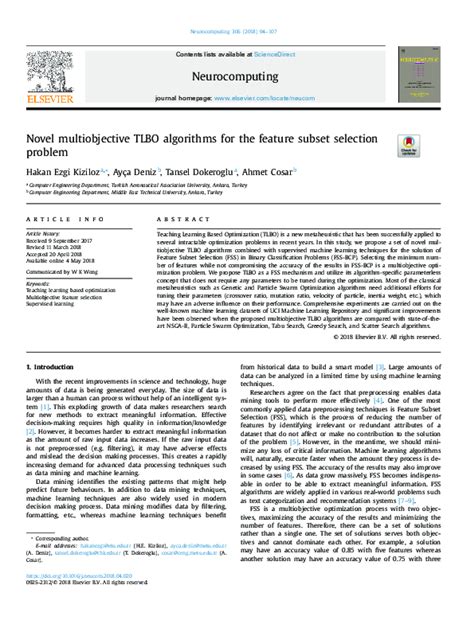 Pdf Novel Multiobjective Tlbo Algorithms For The Feature Subset Selection Problem