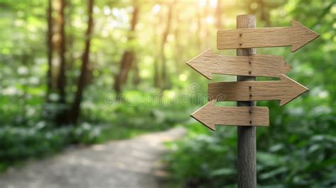 Wooden Directional Signpost In Green Forest Indicating Multiple Path Choices Stock Illustration