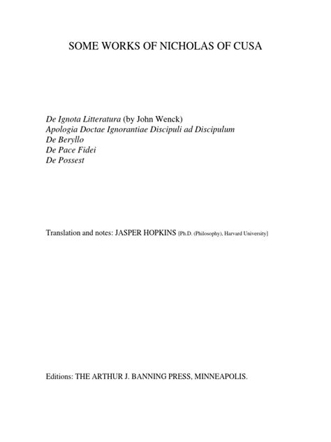 Nicholas Of Cusa De Ignota Literattura Apologia De Pace Fidei De Beryllo De Possest Pdf