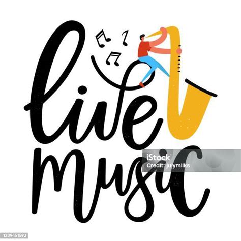 라이브 음악 레터링 문구에 앉아 노란색 색소폰을 재생하는 남자와 벡터 그림 페스티벌 및 콘서트 쇼 전단지 디자인 템플릿 Classical Concert에 대한 스톡 벡터