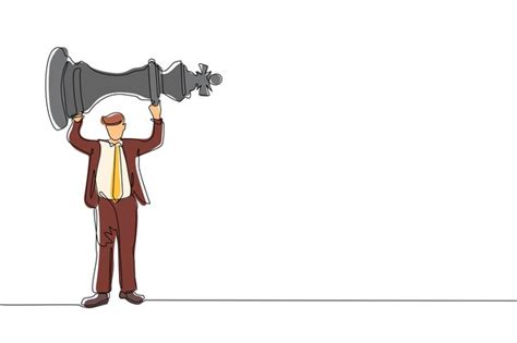 단일 연속 라인 드로잉 사업가 들고 들어올리는 왕 체스 조각 디자인 일러스트 프리미엄 벡터