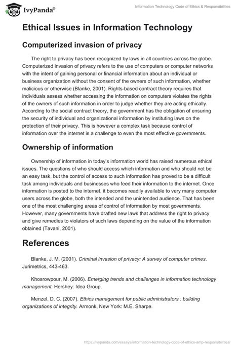 Information Technology Code Of Ethics 528 Words Coursework Example