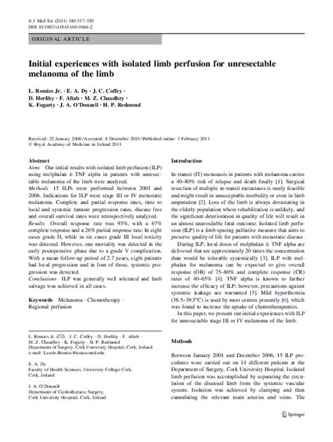 Pdf Initial Experiences With Isolated Limb Perfusion For Unresectable