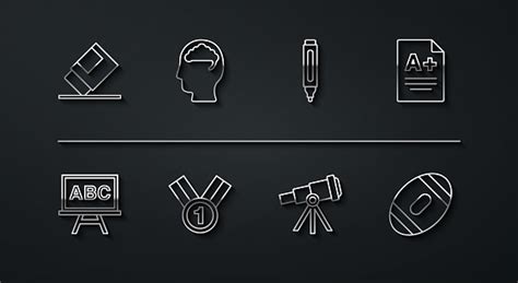 설정 라인 지우개 또는 고무 칠판 A 플러스 등급의 시험지 망원경 메달 인간의 두뇌 미식 축구 공 및 마커 펜 아이콘 벡터 3위에 대한 스톡 벡터 아트 및 기타 이미지