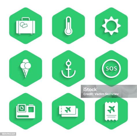 앵커 항공권 Sos 위치 액션 익스트림 카메라 아이스크림 와플 콘 태양 및 여행 가방 아이콘을 설정합니다 벡터 건네주기에 대한 스톡 벡터 아트 및 기타 이미지 Istock